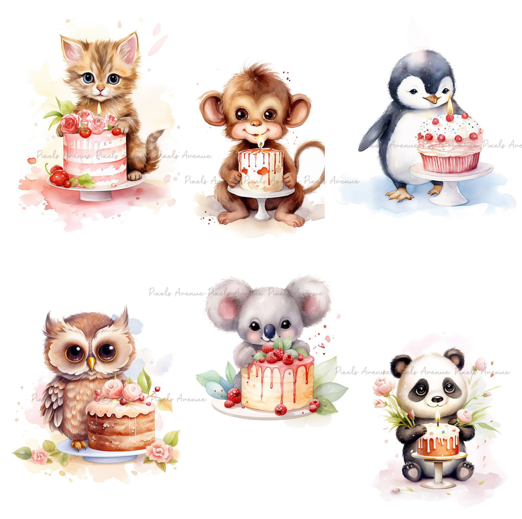Cute Animals Birthday Clip Art JPG Watercolor Baby Animals - Etsy
