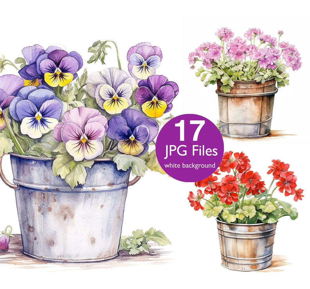 Flowers in a Garden Bucket Clip Art, JPG Blooms in a Garden Pail ...