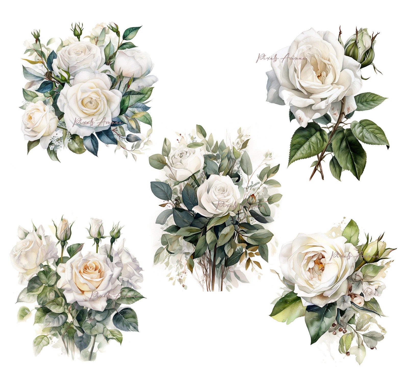 Watercolor White Roses Clip Art JPG Floral Bouquet Rose - Etsy