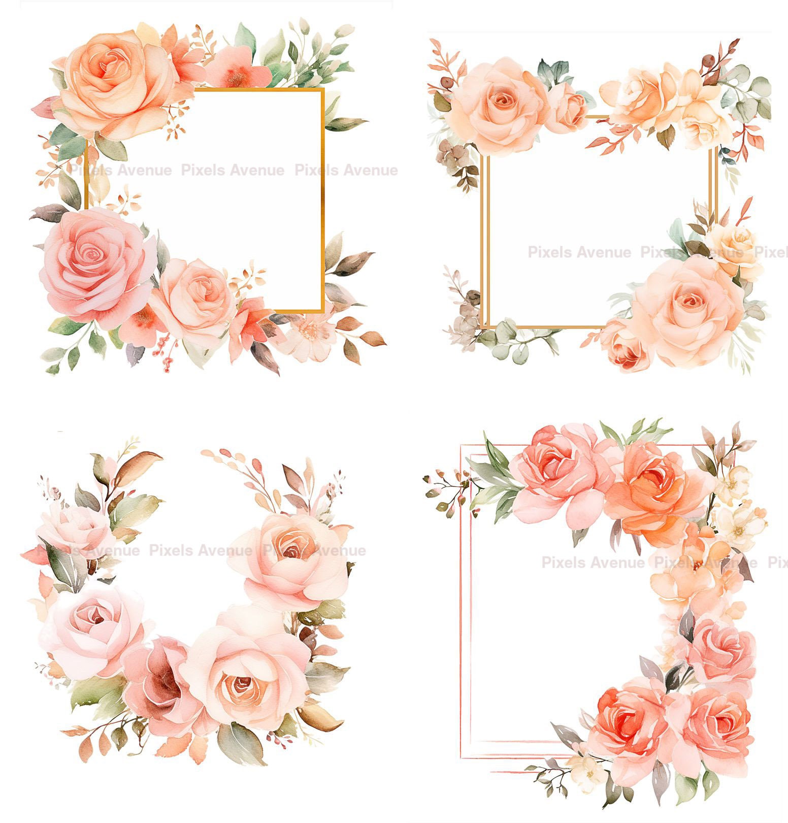 Peach Floral Frame Clipart: Watercolor Flower Border (JPG Files) - Etsy UK