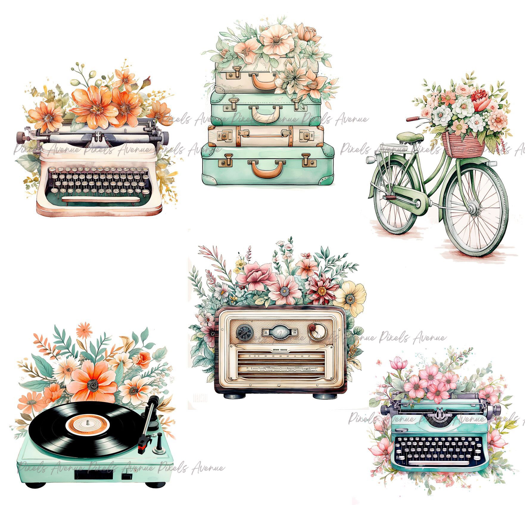 Retro Clip Art JPG Watercolor Vintage Objects Typewriter - Etsy