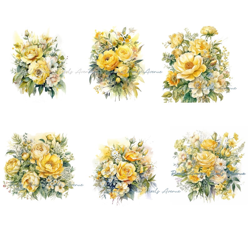 Yellow Floral Clip Art JPG Flower Bouquet Watercolor Clipart - Etsy