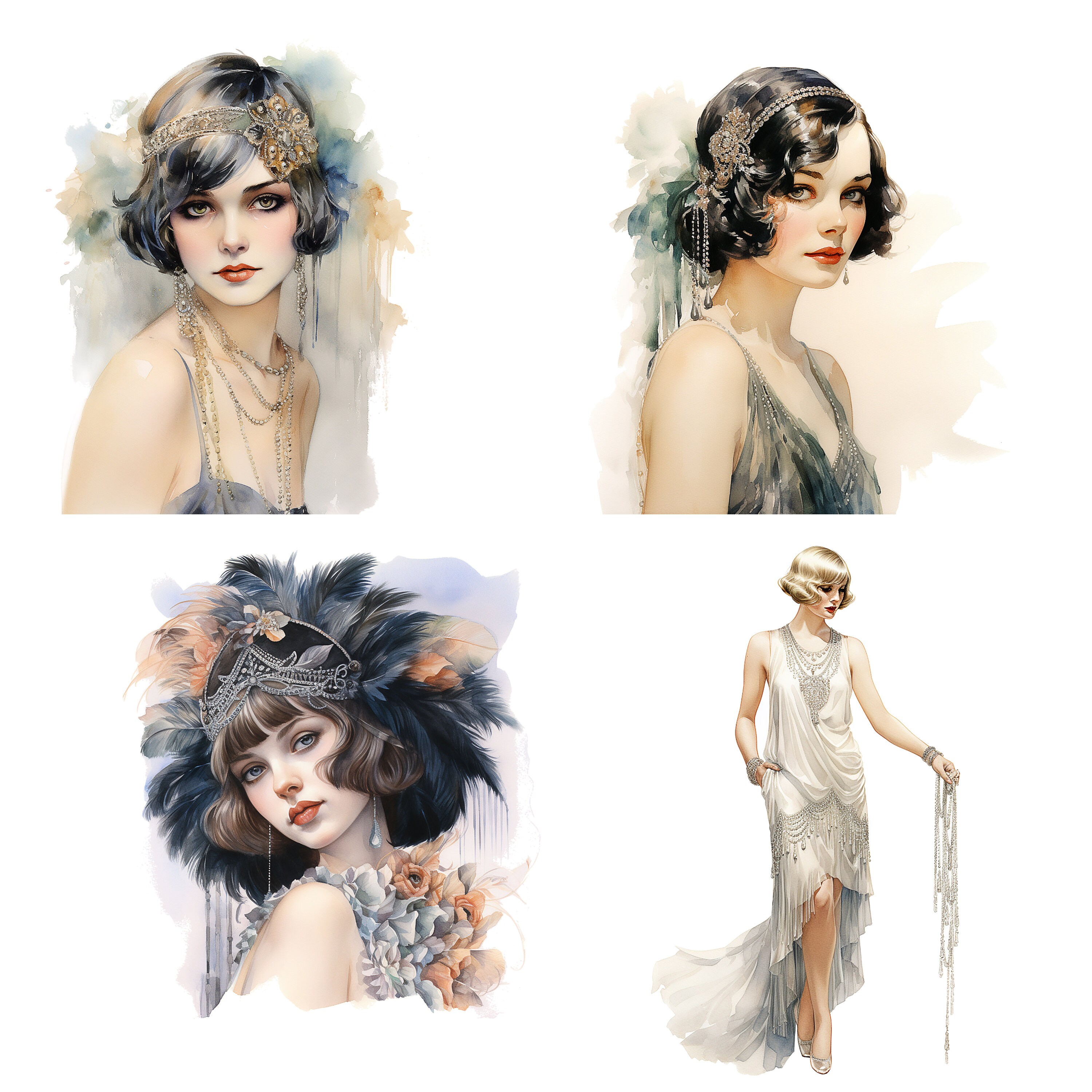 1920s Flapper Girl Watercolor Clipart: Art Deco JPG Images (digital ...