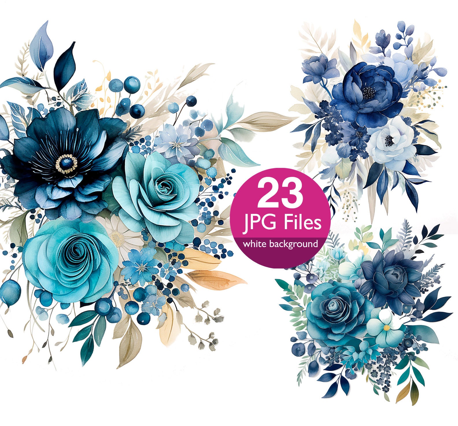 Navy Blue and Turquoise Flower Clip Art, JPG Floral Bouquet Watercolor ...