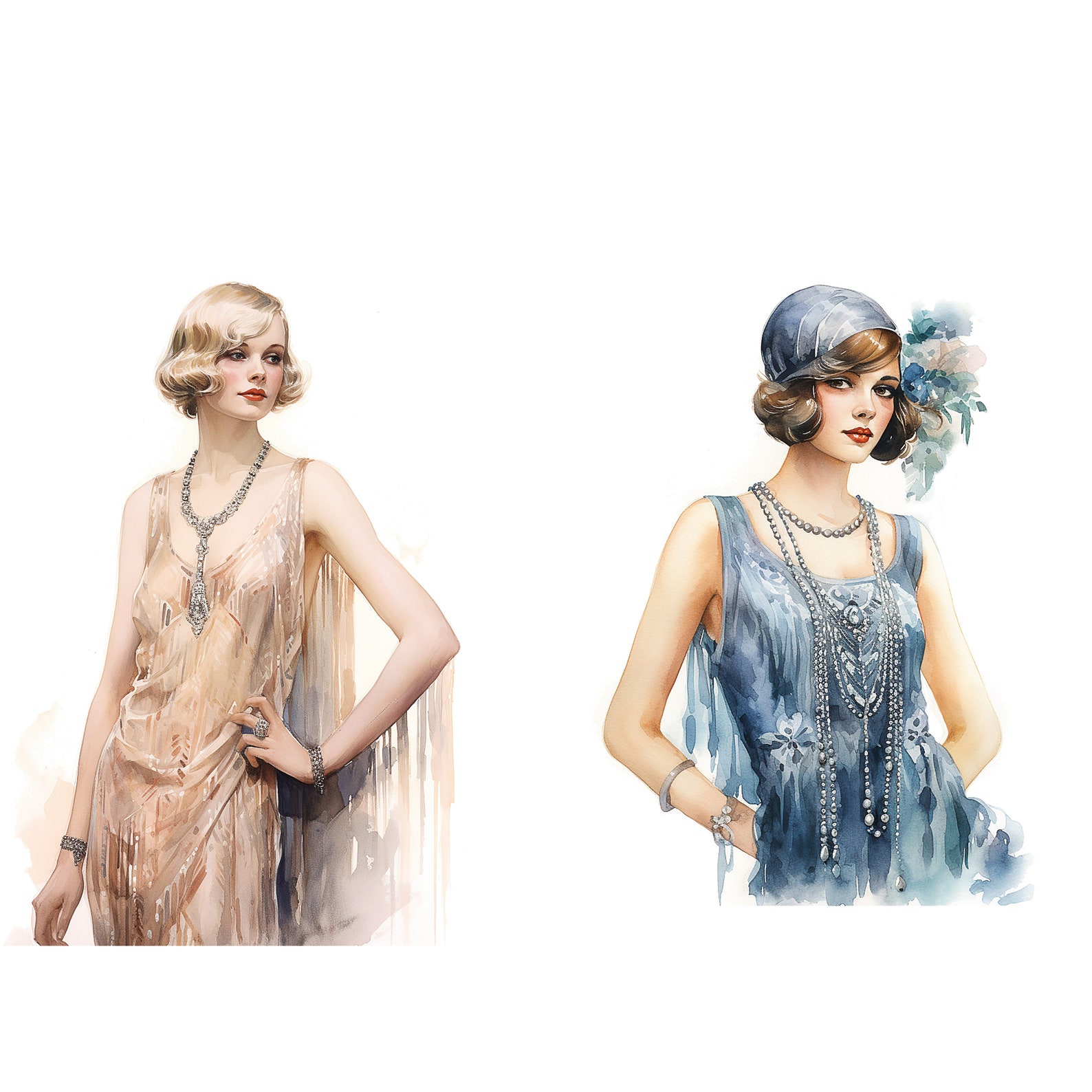1920s Flapper Girl Watercolor Clipart: Art Deco JPG Images (digital ...