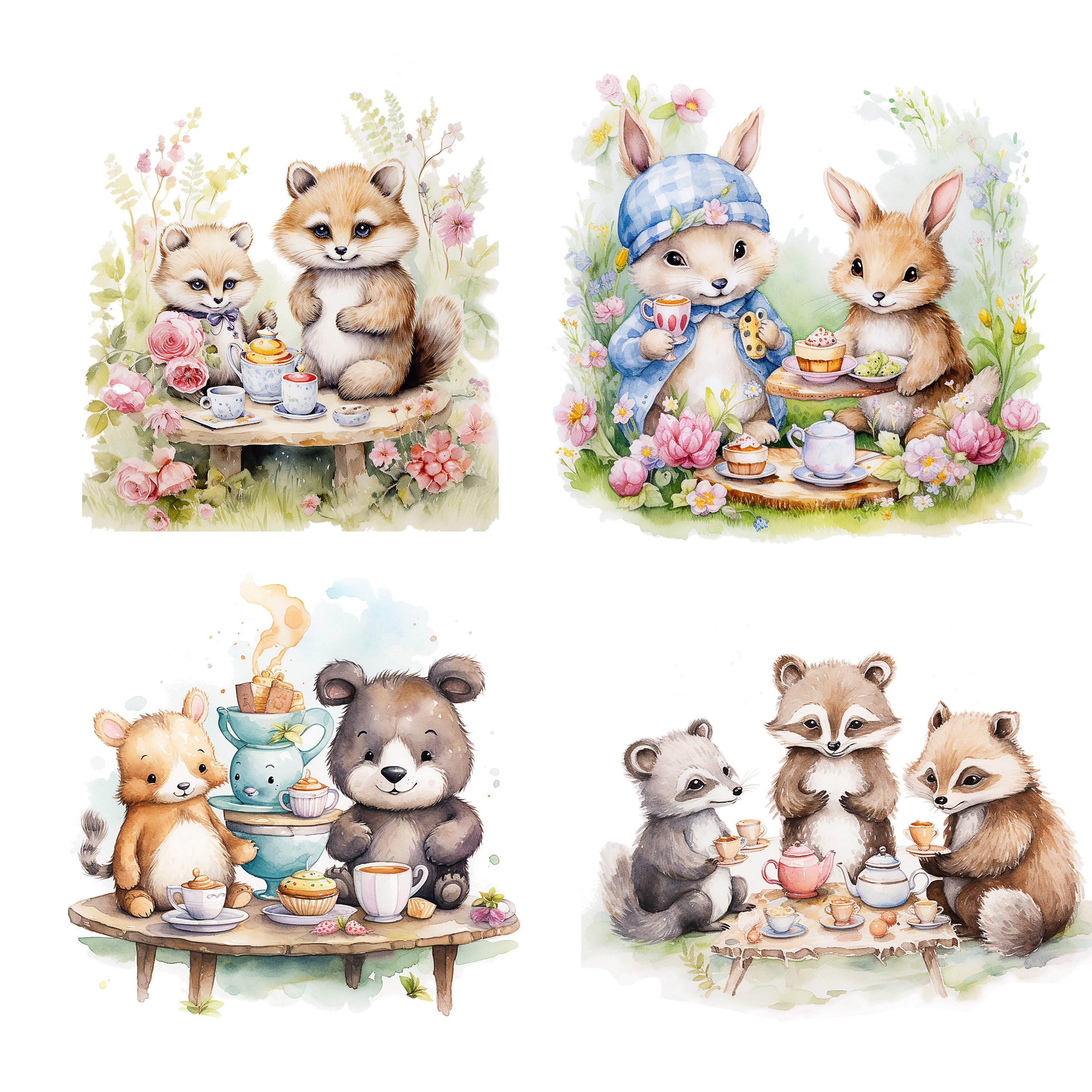 Tea Party Clip Art JPG Watercolor Clipart Cute Animals - Etsy