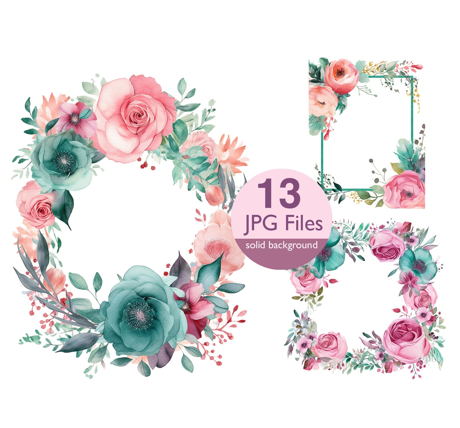 Teal and Pink Floral Frames Clip Art JPG Square and Circle - Etsy