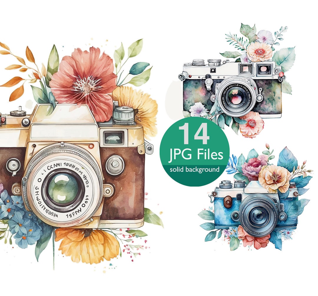 Vintage Camera Clip Art, JPG Retro Cameras Watercolor Clipart, Planner ...