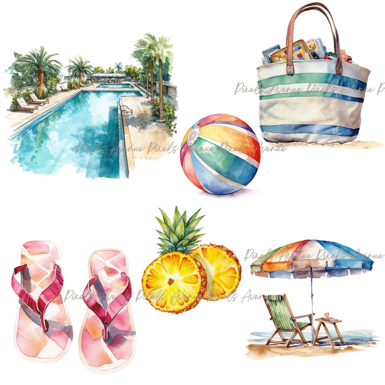 Summer Clip Art PNG Watercolor Beach Clipart Swimming. - Etsy