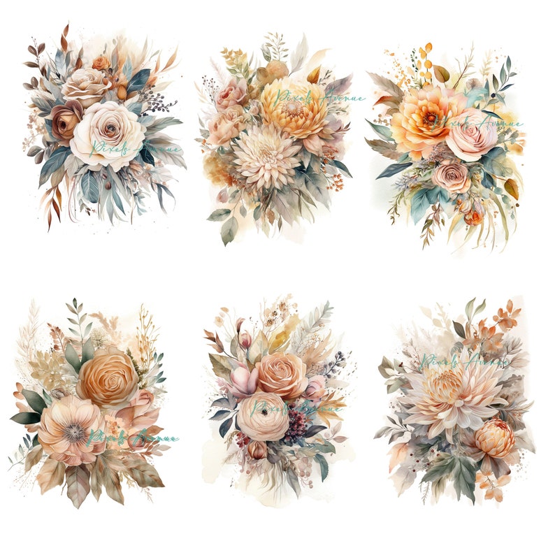 Boho Bouquet Clip Art JPG Boho Wedding Flowers Watercolor - Etsy