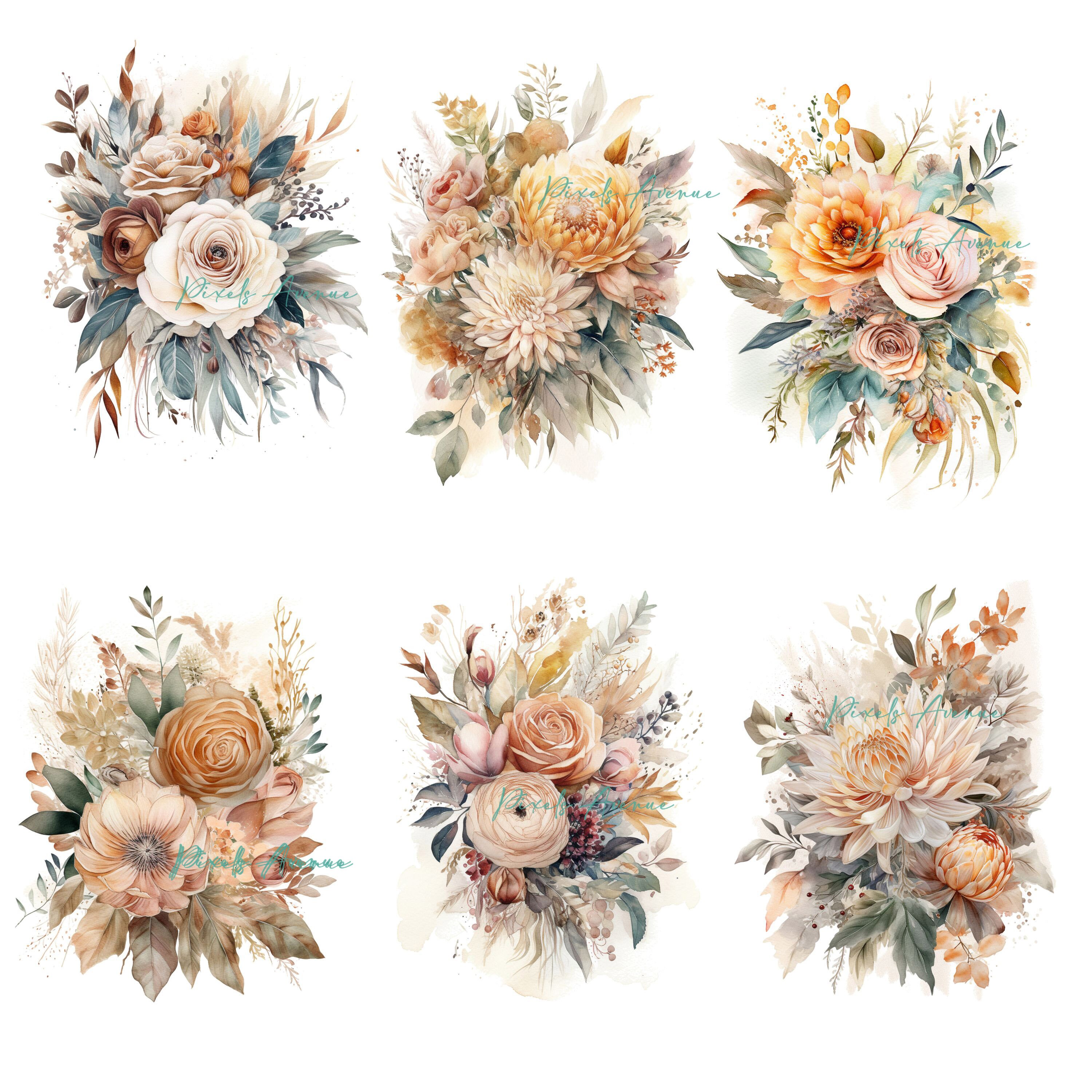 Boho Bouquet Clip Art JPG Boho Wedding Flowers Watercolor - Etsy