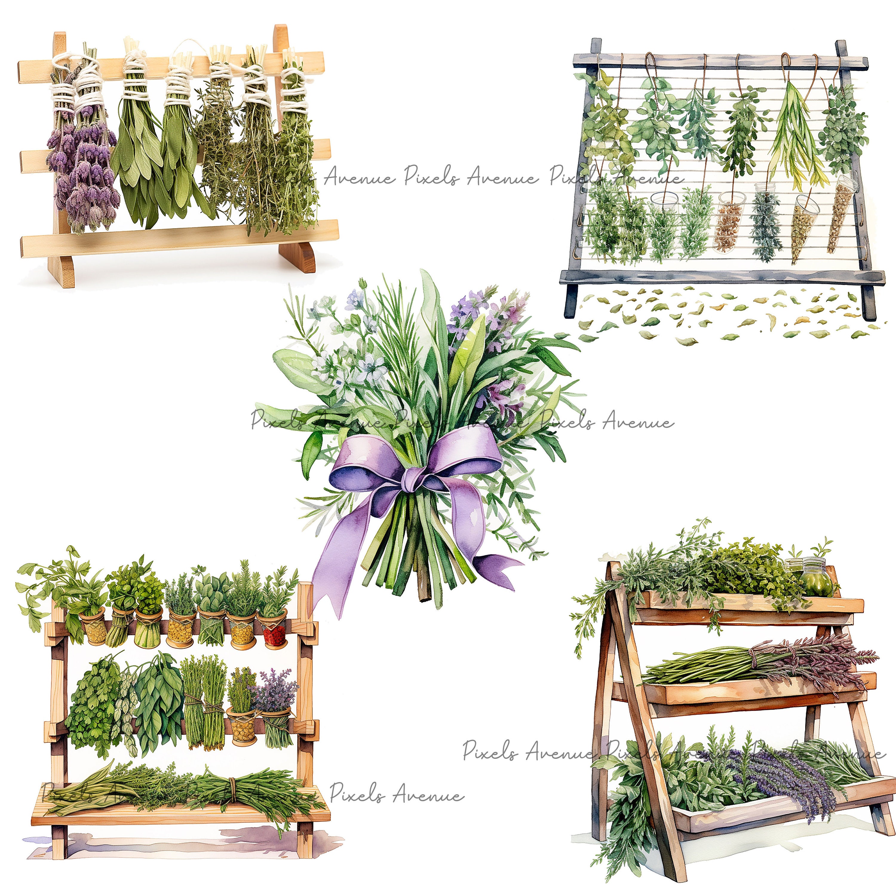Herbs Clip Art, JPG Hanging Herbs Watercolor Clipart, Cooking, Planner ...