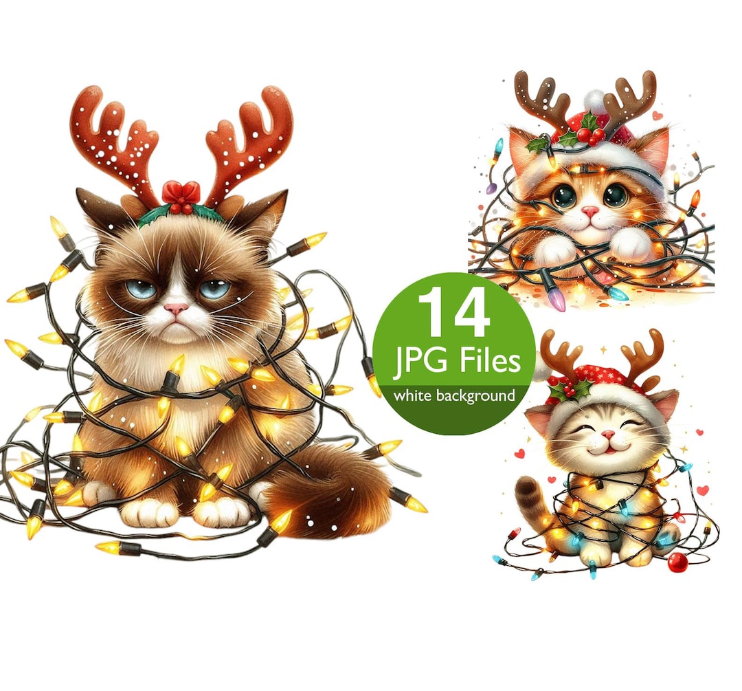 Christmas Cat Clip Art, JPG Cat Tangled in Christmas Lights Clipart ...