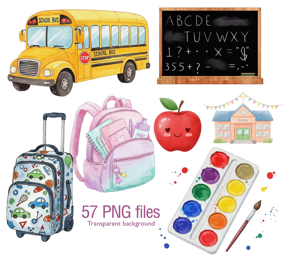 Back to School Clipart Bundle – Cute School Supplies, Kids, Bus, Books ...