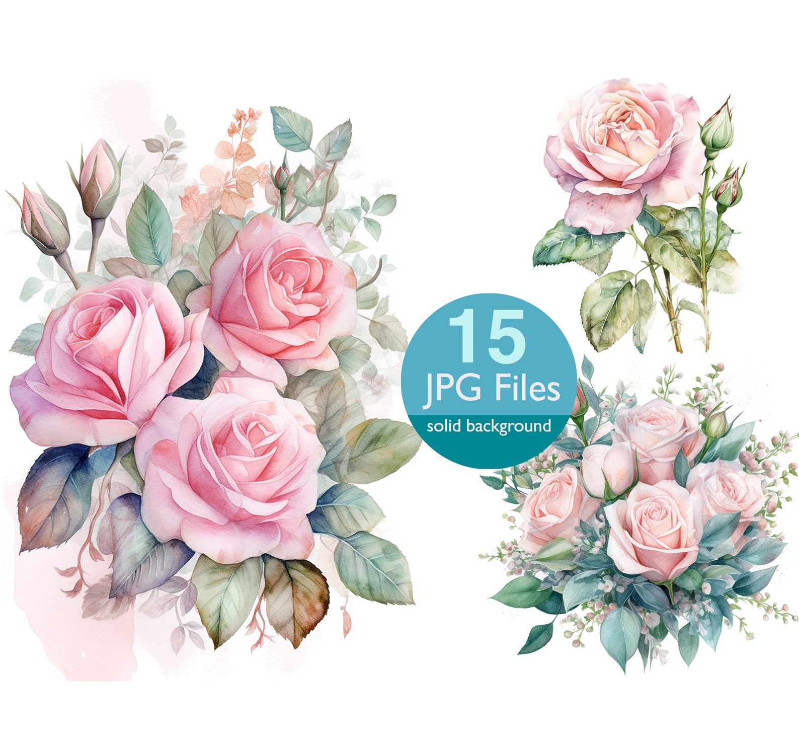 Watercolor Pink Roses Clip Art JPG Floral Bouquet Rose - Etsy