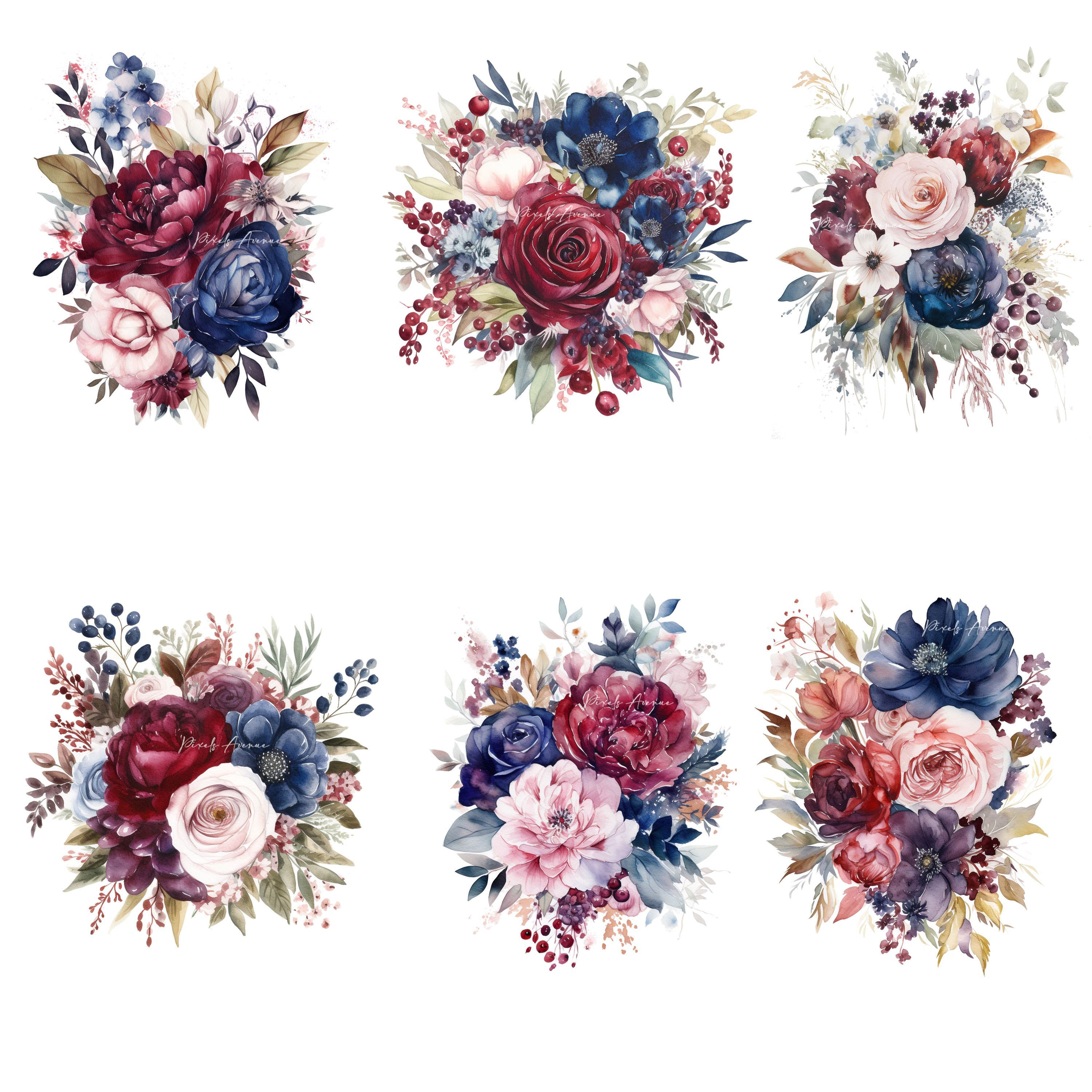Navy Blue and Red Clip Art JPG Blue Roses Flower Watercolor - Etsy