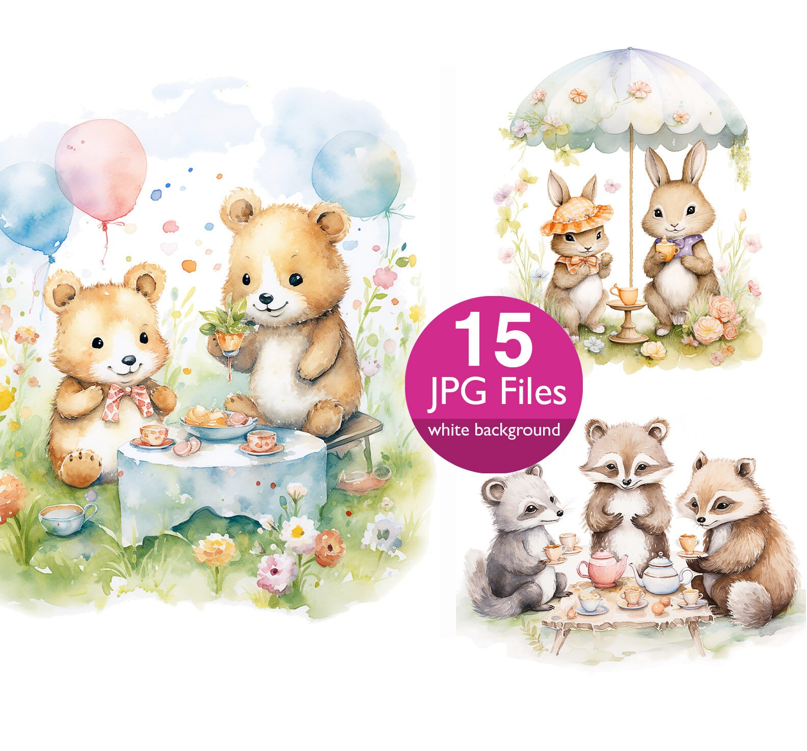 Tea Party Clip Art JPG Watercolor Clipart Cute Animals - Etsy