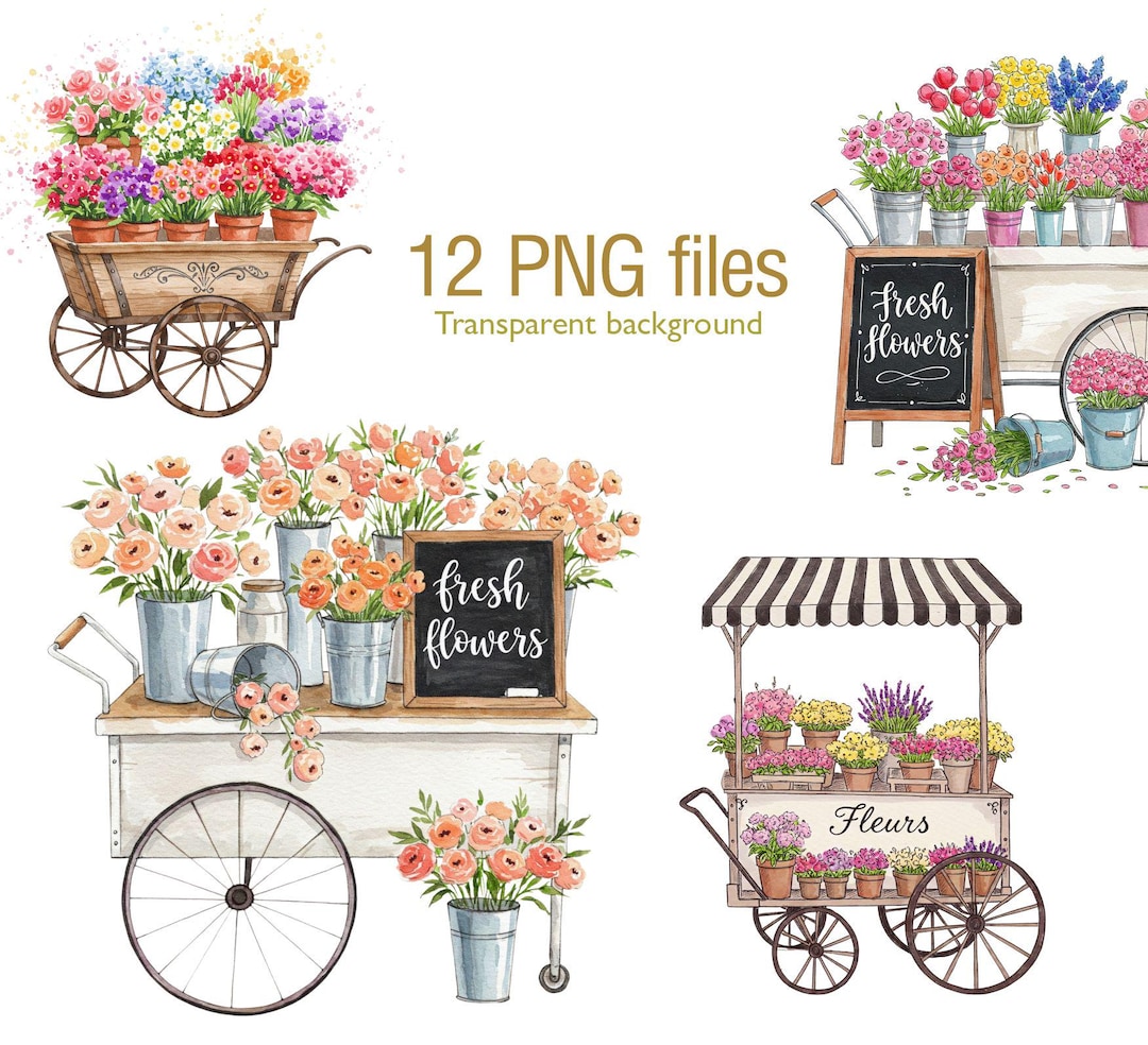 Watercolor Flower Cart Clipart: Spring Floral PNG (digital Art) - Etsy
