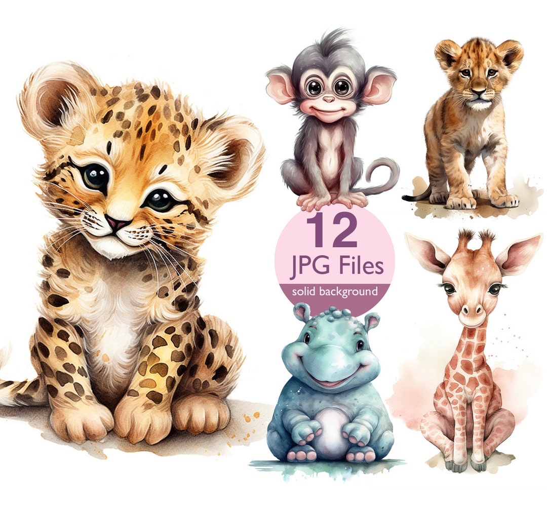 Safari Animals Clip Art, JPG Watercolor Clipart, Cute Baby Animal ...