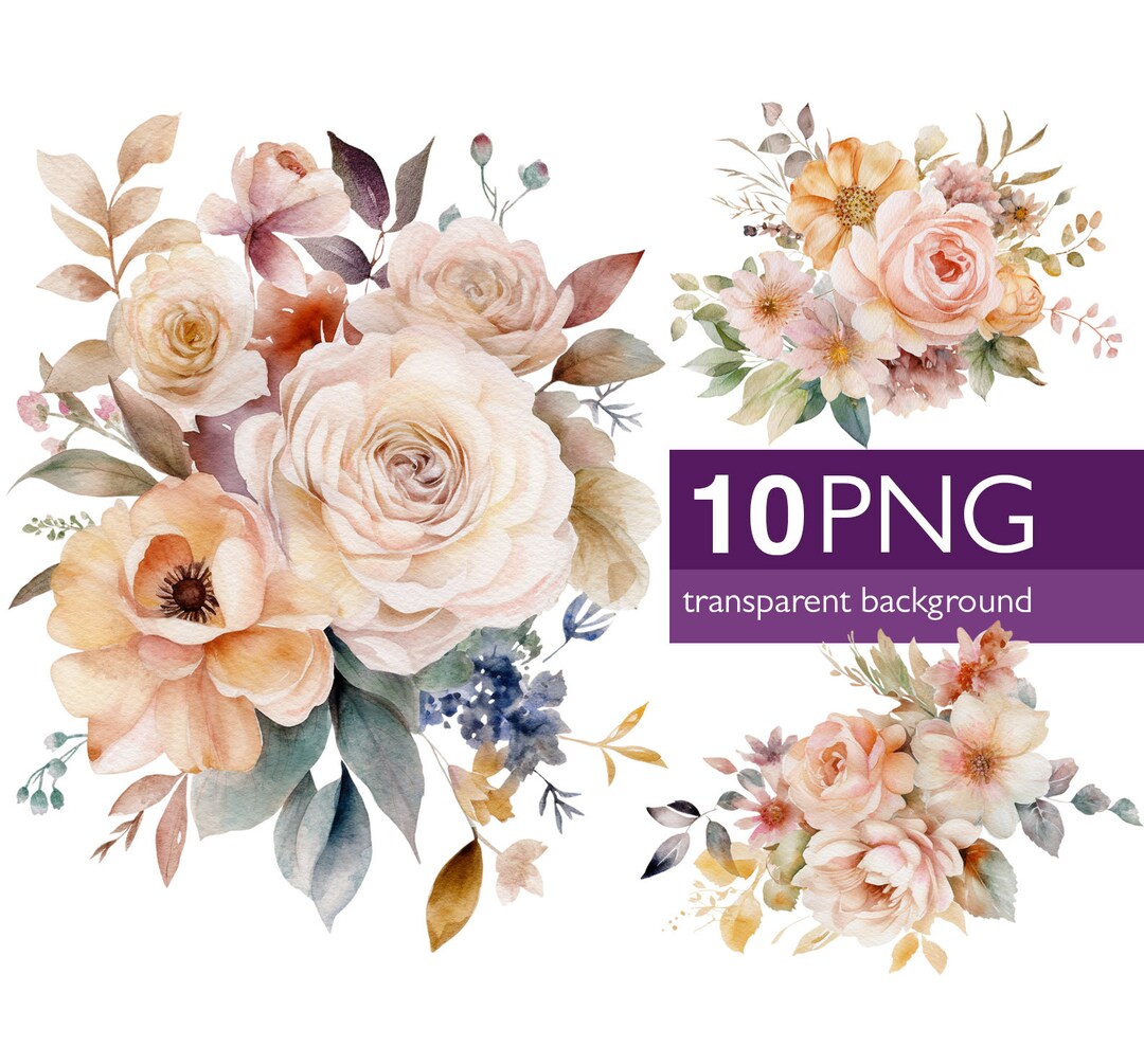 Pink and Peach Floral Clip Art, PNG Flower Bouquet Watercolor Clipart ...