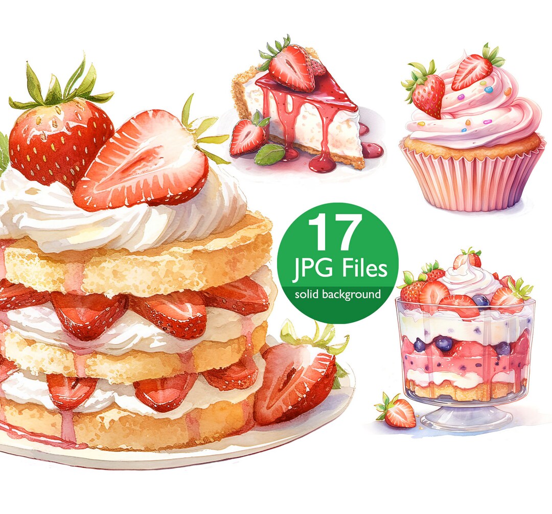Strawberry Dessert Clip Art, JPG Cheesecake, Cupcake Watercolor Clipart ...