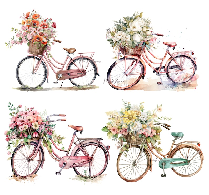Floral Bike Clipart: Vintage Watercolor Bicycle Art (JPG Files) - Etsy