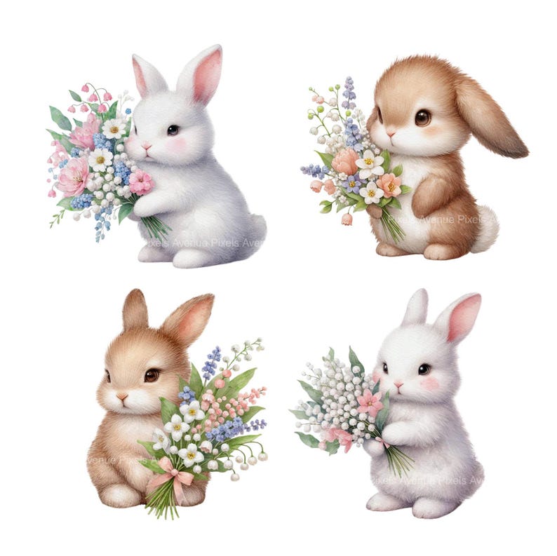Easter Bunny Clip Art, PNG Cute Rabbit Bunny With Flower Bouquet ...