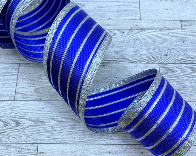 Blue and Silver Wired Ribbon, Christmas Ribbon, Wired Ribbon, Bows ...