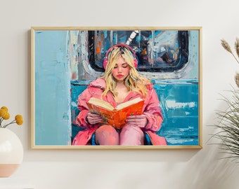 Pink Floral Reading Art Print, Woman Reading Art, Reading Poster, Cute ...