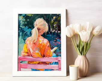 Pink Floral Reading Art Print, Woman Reading Art, Reading Poster, Cute ...