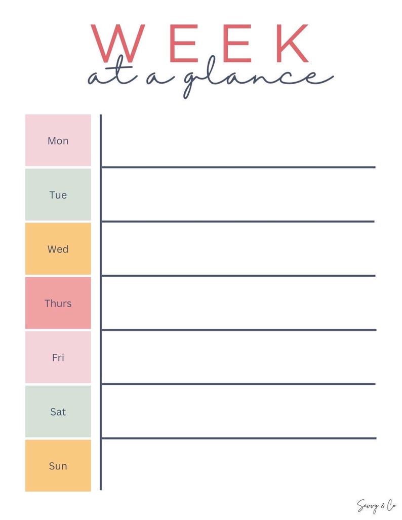 Week at a Glance Planner | Minimal Printable Weekly Schedule (PDF ...