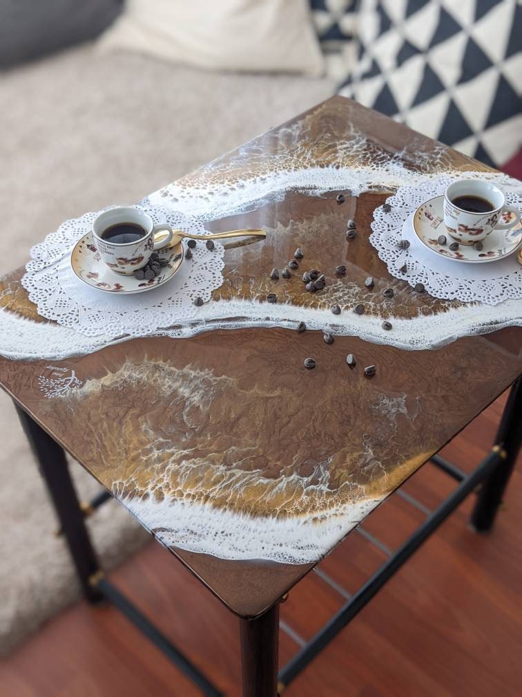Coffee Table Gold Wave Resin Ocean Tempered Glass Table Metal - Etsy
