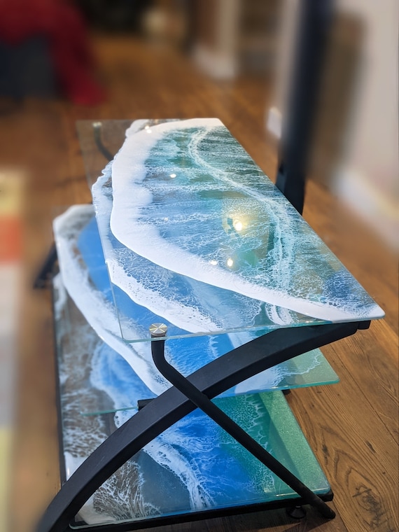 TV Stands TV S Tempered Glass Rectangular Wave Resin Ocean Blue Green Resin Wave Living Room Bedroom Decor Metal Legs Home Decor 3D Resinart Etsy Canada