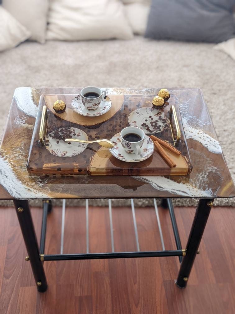 Coffee Table Gold Wave Resin Ocean Tempered Glass Table Metal - Etsy