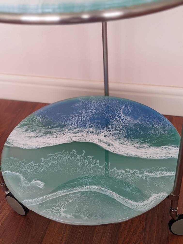 Side Table/bar Cart/epoxy Resin Table/wave Blue Resin Ocean/kitchen Bar ...