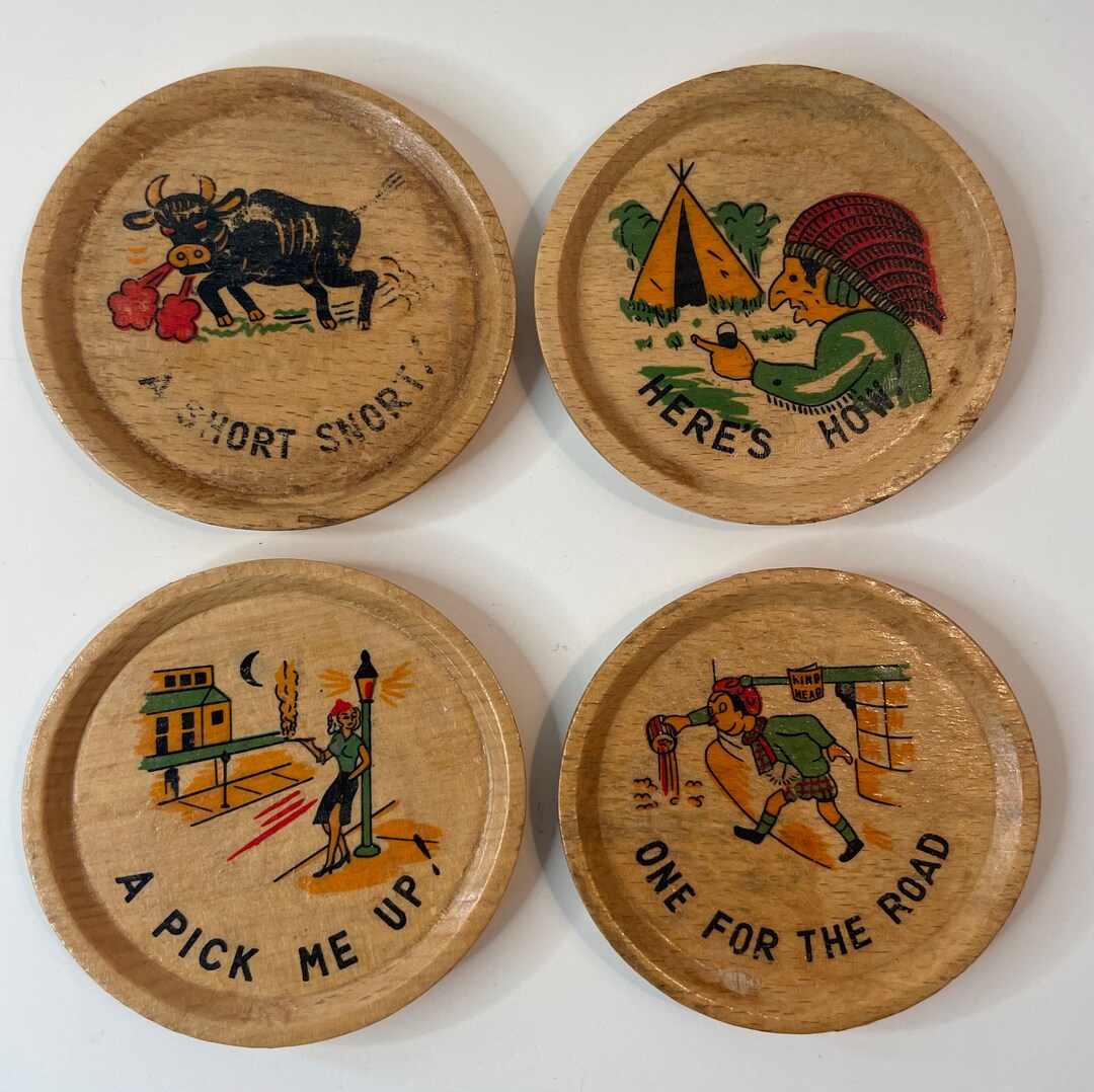 Vintage Funny Wood Coasters Funny Barware Retro Coasters - Etsy