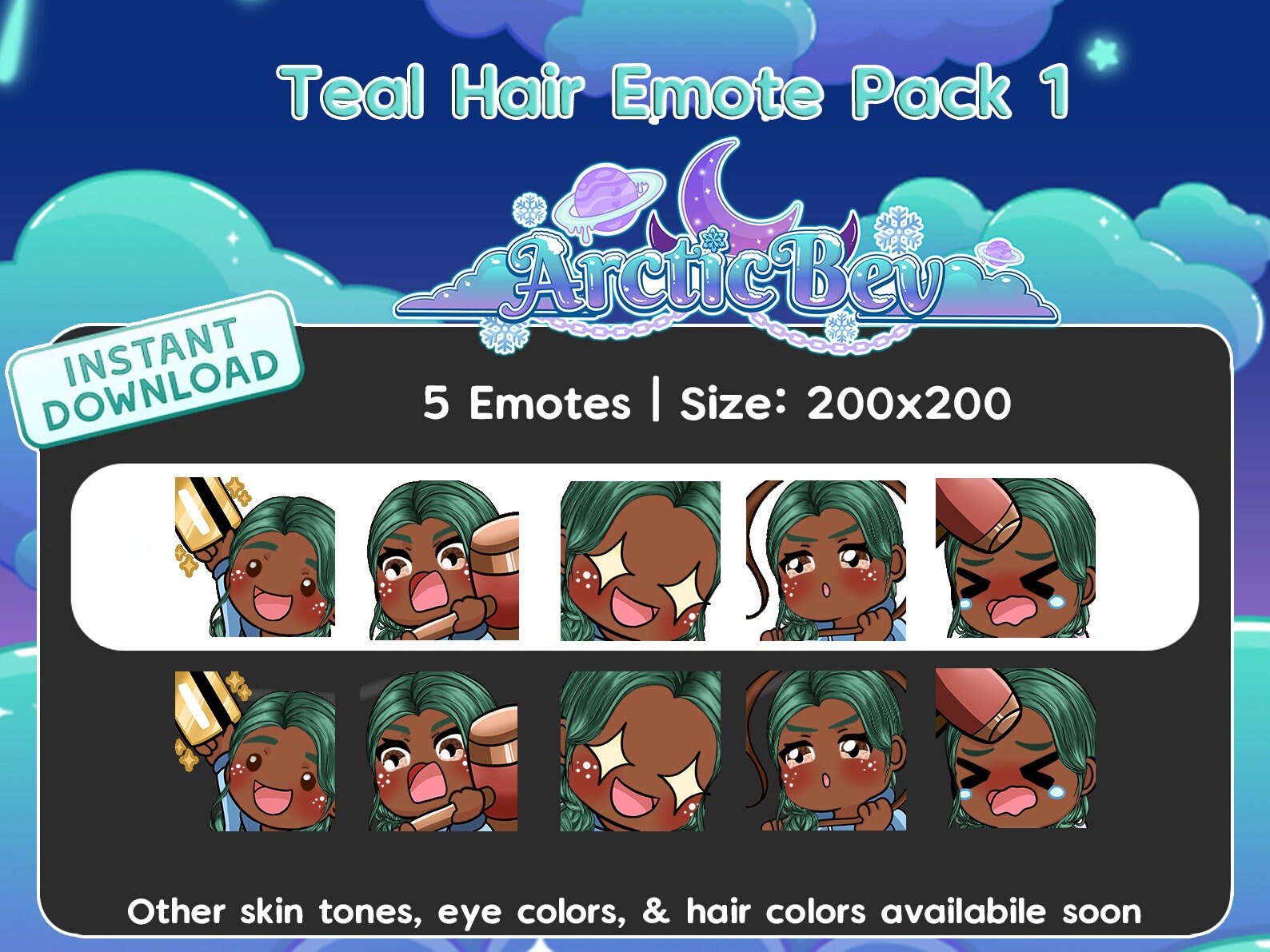 Teal Hair Brown Eyes Dark Skin / Chibi Emoji Emotes for - Etsy
