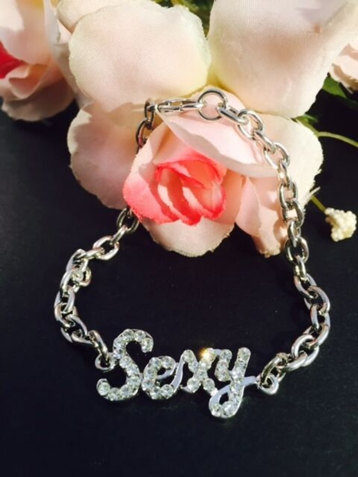 New 'sexy' Diamonte Text Chain Bracelet Bangle Stunning Sparkles ...