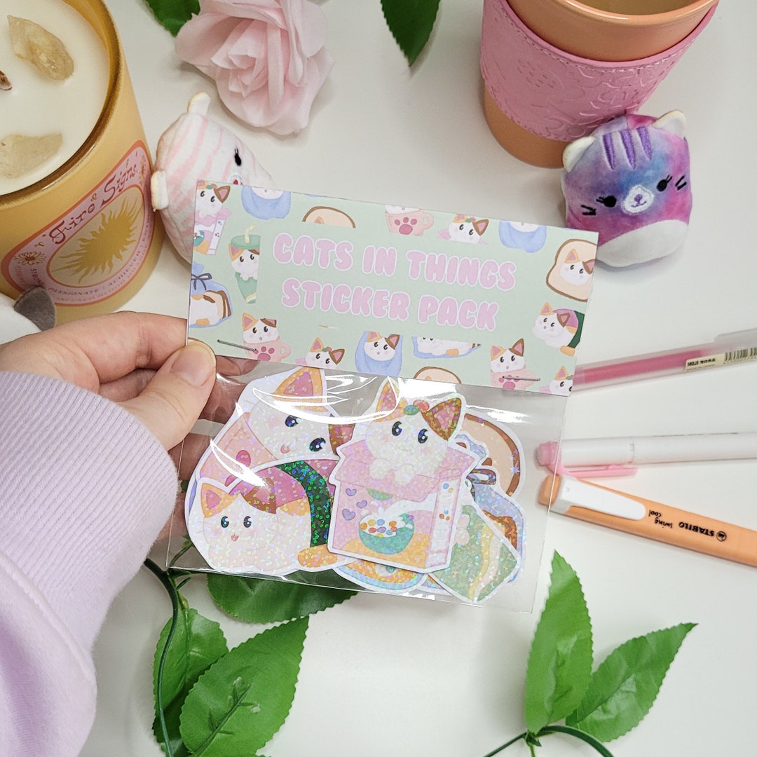 Cats in Things Sticker Pack, Holographic Cat Die Cut Stickers, Cute ...