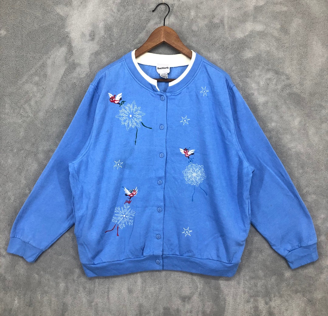 Vintage Bird Embroidered Blue Button Sweater Extra Large Crewneck ...