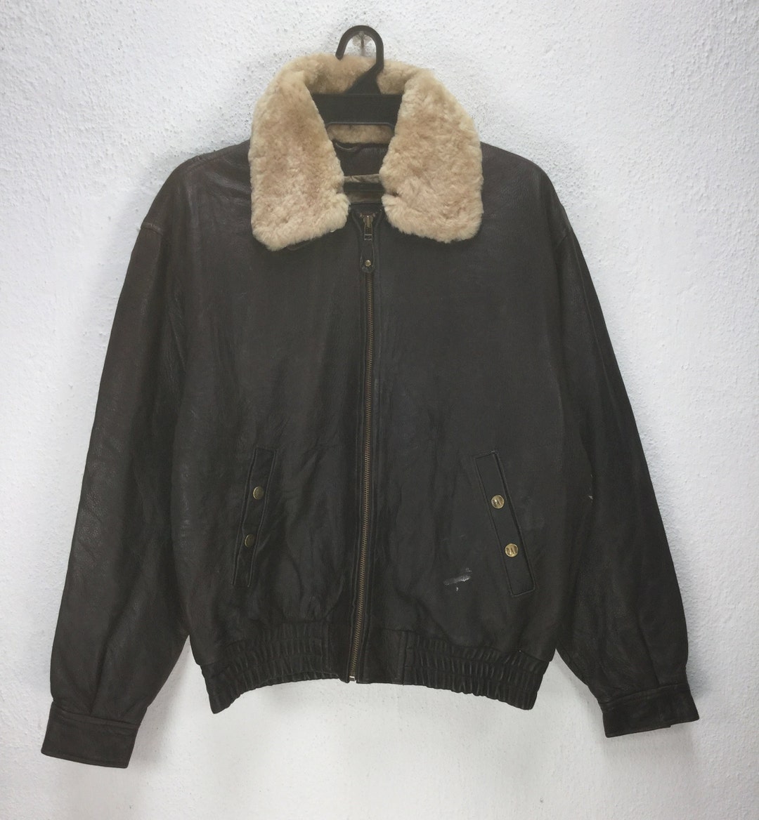 Vintage Daf Leather Jacket Pilot Jacket Fleece Collared Brown Bomber ...