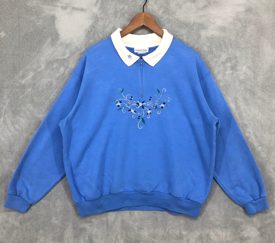 Vintage Blue Floral Embroidered Half-zip Sweatshirt , Retro Jumper, Art ...