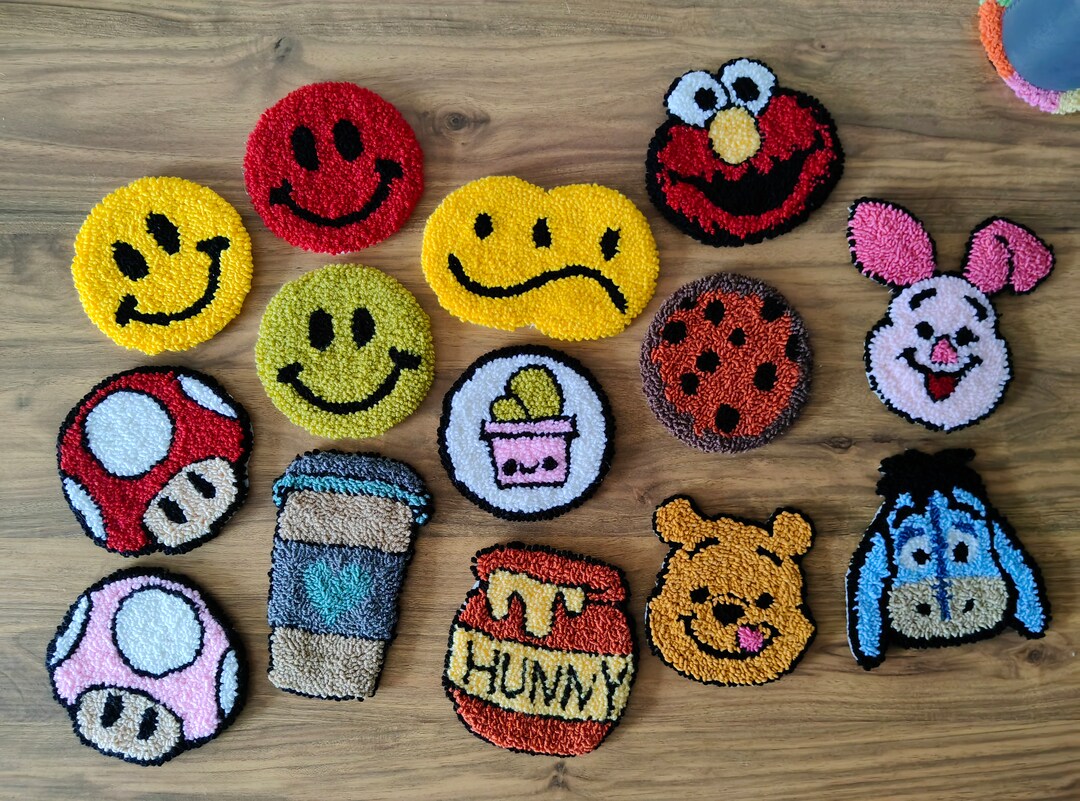 Punch Needle Mug Rug, Elmo, Mario Mushroom, Winnie the Pooh, Smile ...