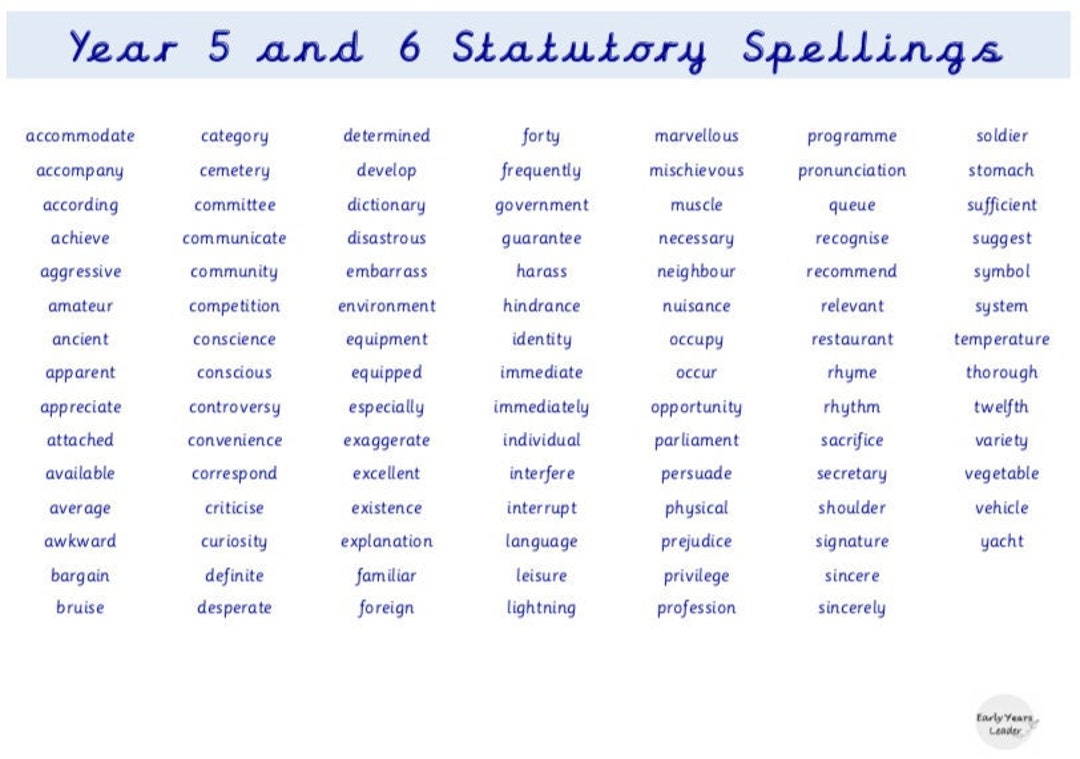 Year 5 and 6 Statutory Spelling Words - Etsy UK