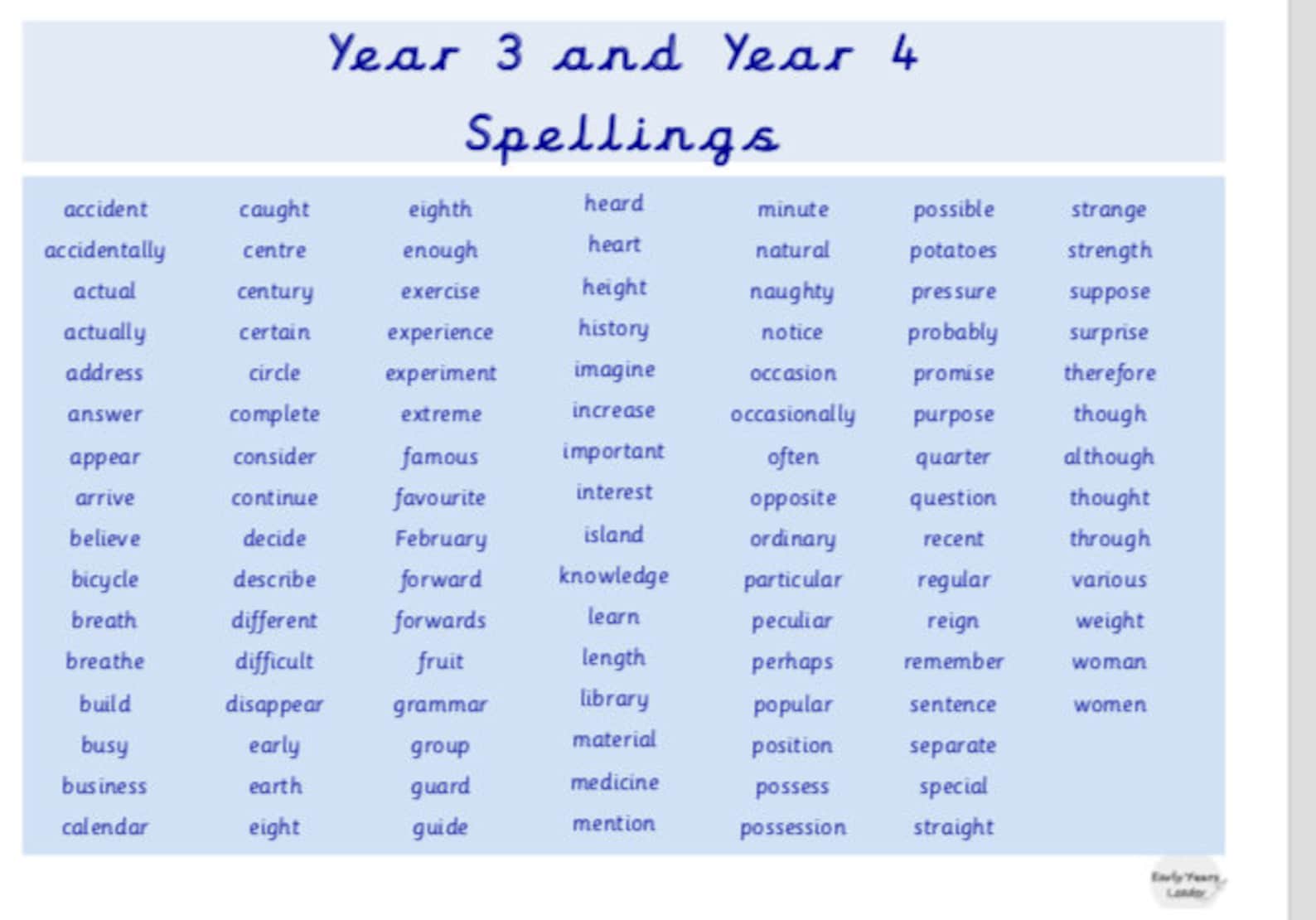 Year 3 and 4 Spelling Words - Etsy