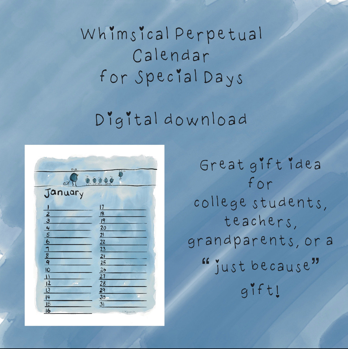 Printable Whimsical Perpetual Calendar for Special Days - Digital ...