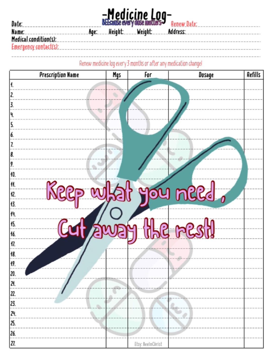 Printable Medication Log | Medicine Tracker Sheet | Refill Reminder ...