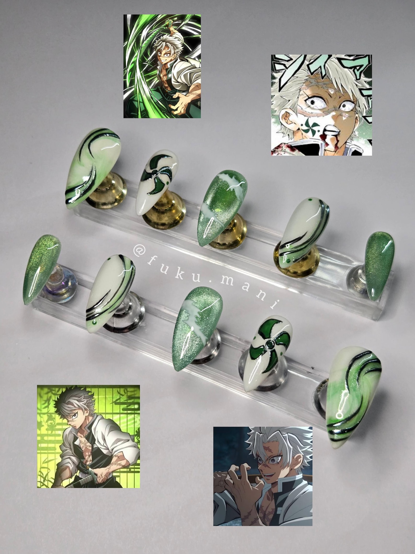 Demon Slayer Sanemi Press on Nails | Green Cat Eye, White & Silver ...