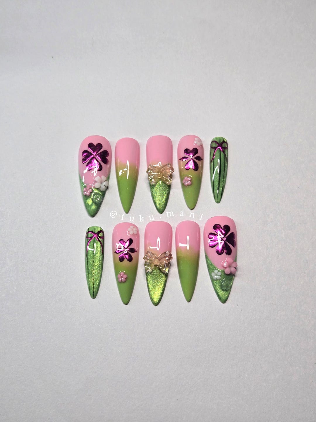 Demon Slayer Mitsuri Kanroji Nails | Pink & Green Ombre W/ Chrome Sword ...