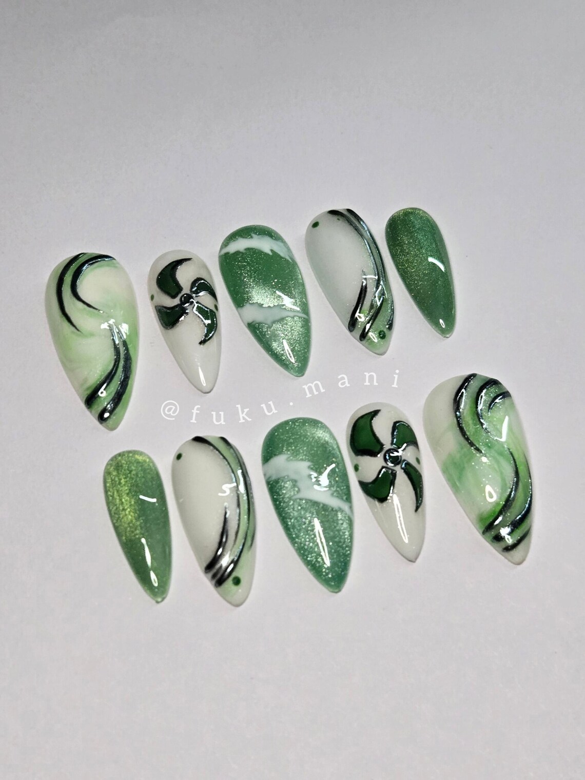 Demon Slayer Sanemi Press on Nails | Green Cat Eye, White & Silver ...